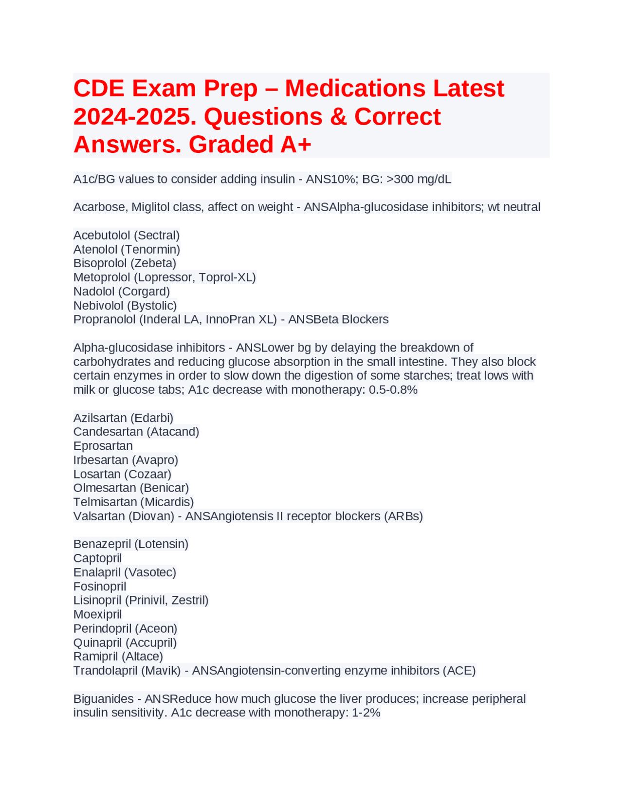 CDE Exam Prep – Medications Latest 2024-2025. Questions & Correct ...
