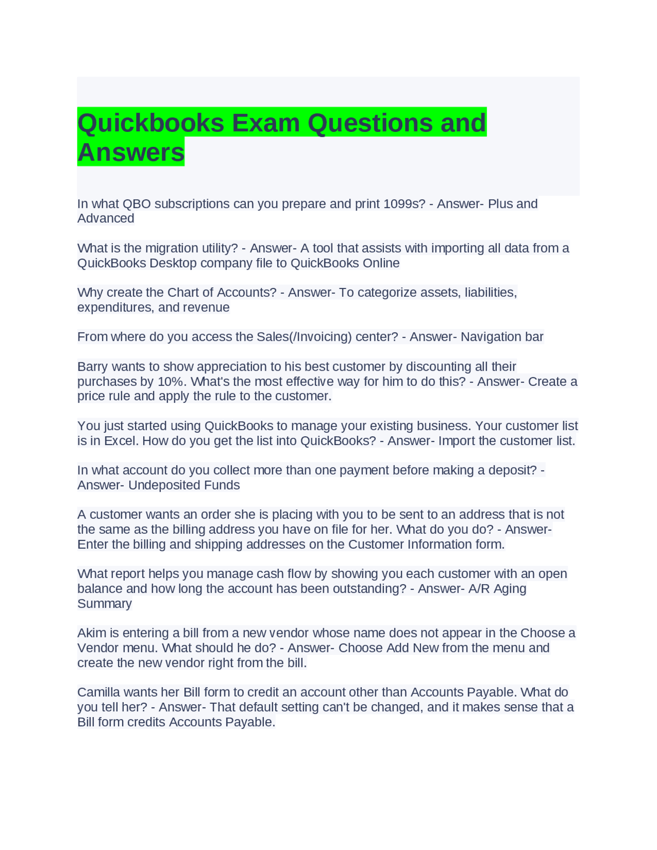 Quickbooks Exam Questions and Answers | Exams Advanced Education | Docsity