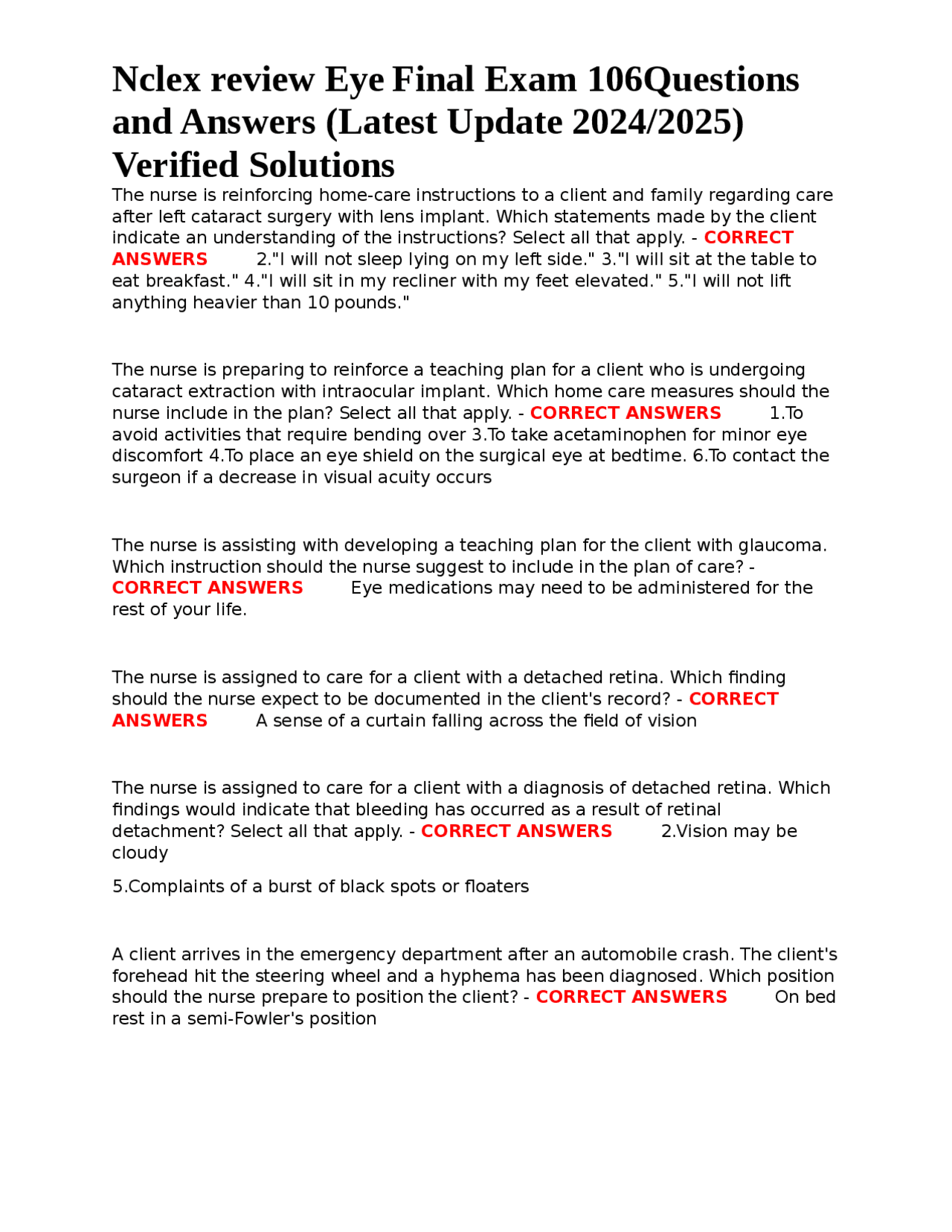 Nclex review Eye Final Exam 106Questions and Answers (Latest Update ...