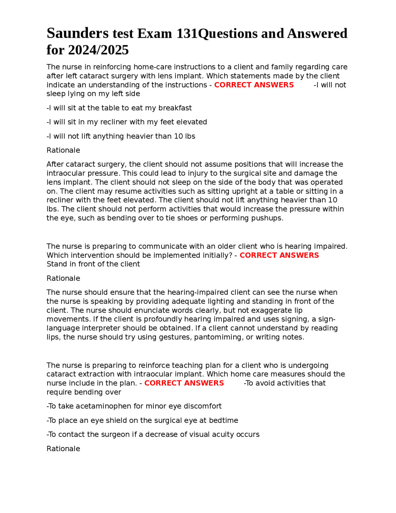 Saunders Test Exam 131: Questions and Answers for 2024/2025 | Exams ...