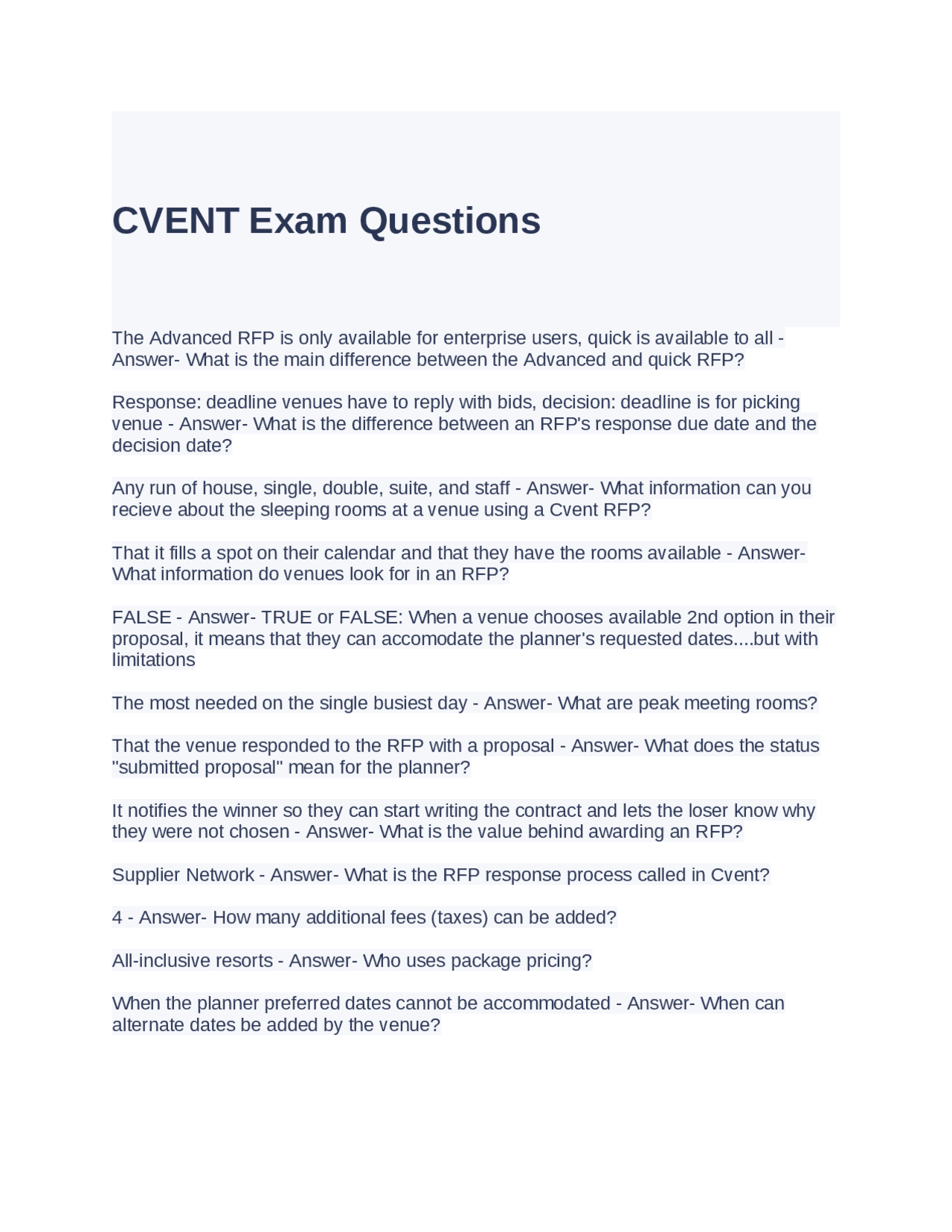 CVENT Exam Questions and Answers 2024 | Exams Advanced Education | Docsity