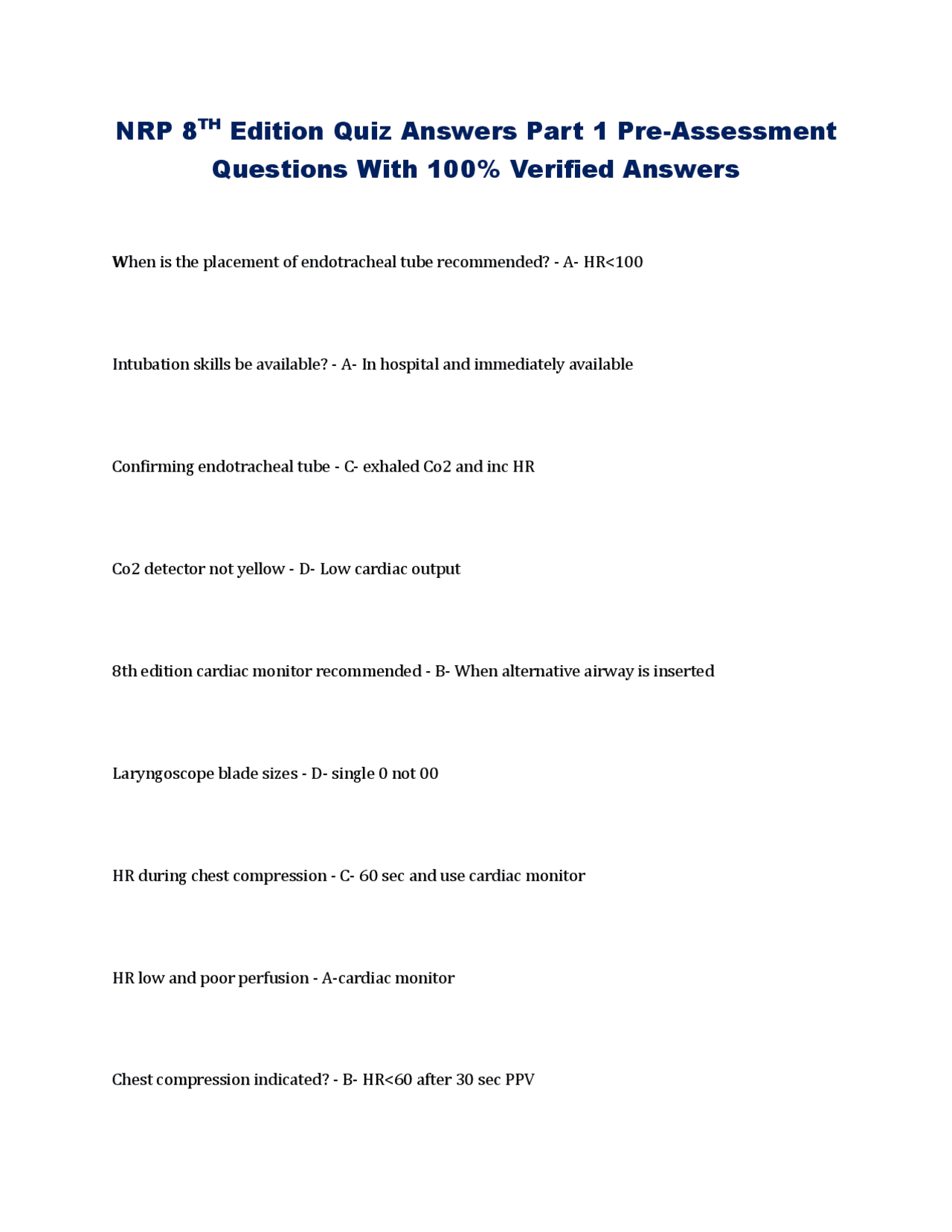 NRP 8TH Edition Quiz Answers Part 1 Pre-Assessment Questions With 100% ...