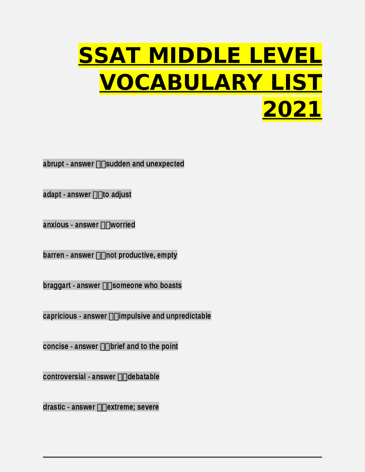 SSAT Middle Level Vocabulary List: 2021 | Exams Nursing | Docsity