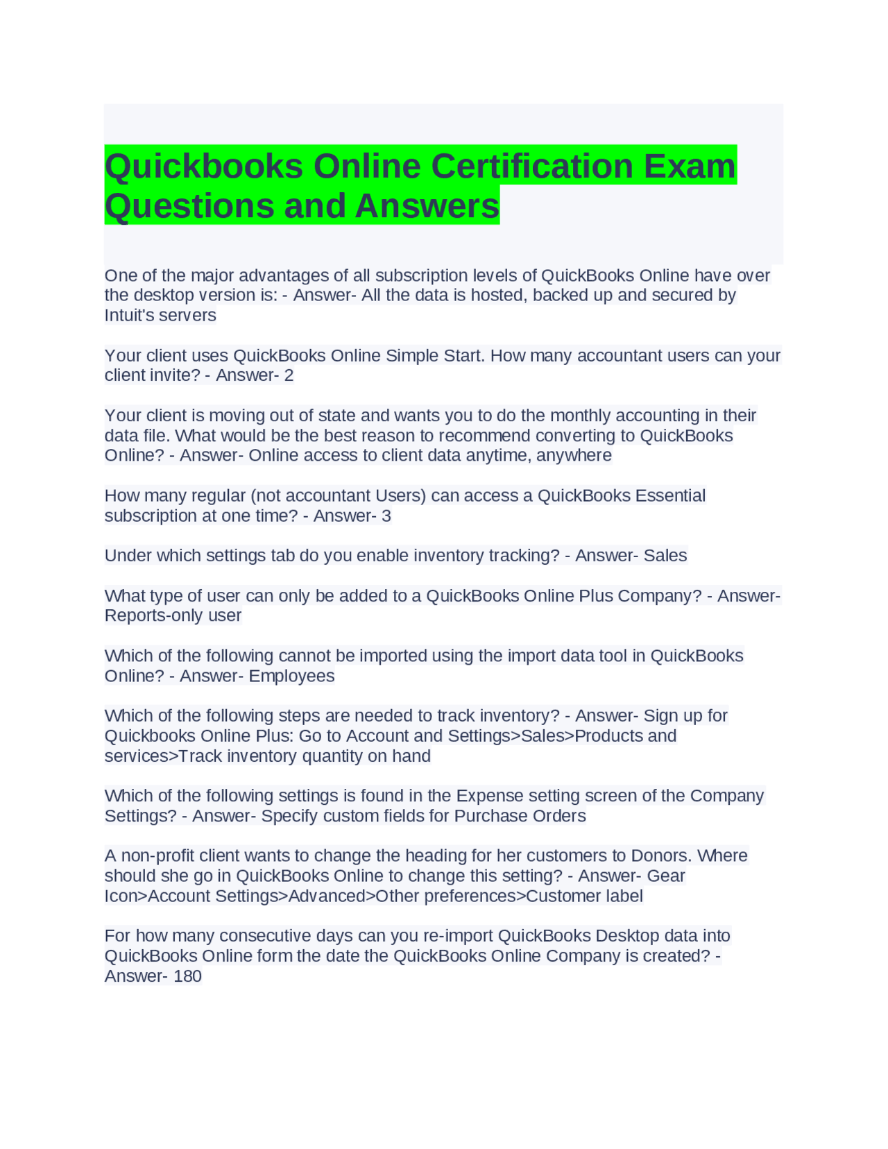 Quickbooks Online Certification Exam Questions and Answers | Exams ...