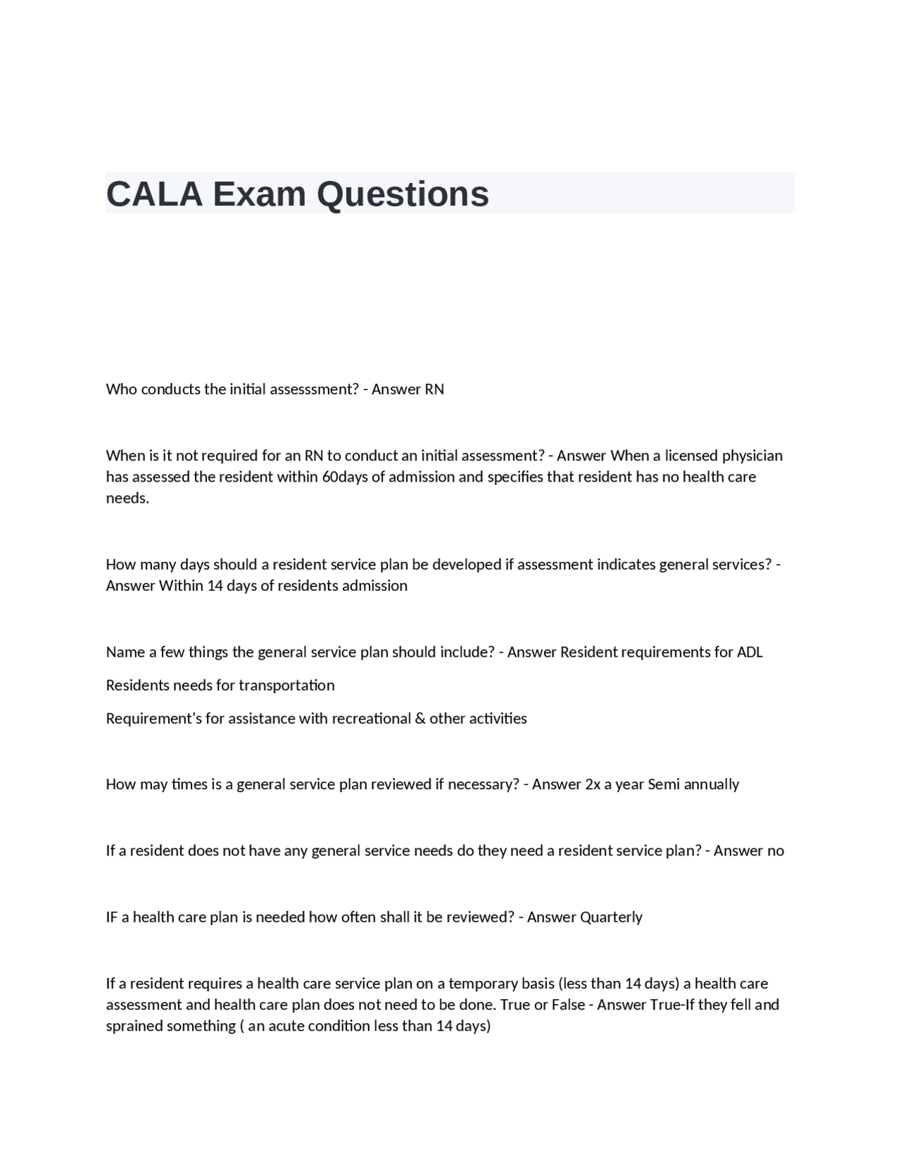 CALA Exam Questions and Regulations | Exams Nursing | Docsity