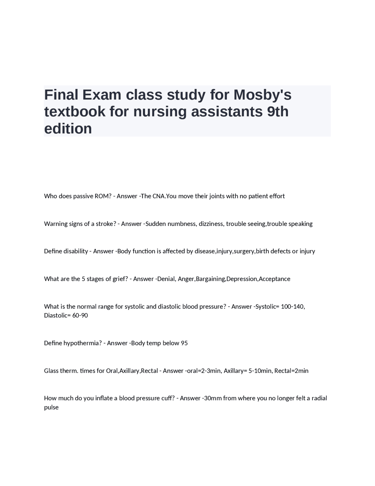 Final Exam class study for Mosby's textbook for nursing with Correct Questions and Answers ...
