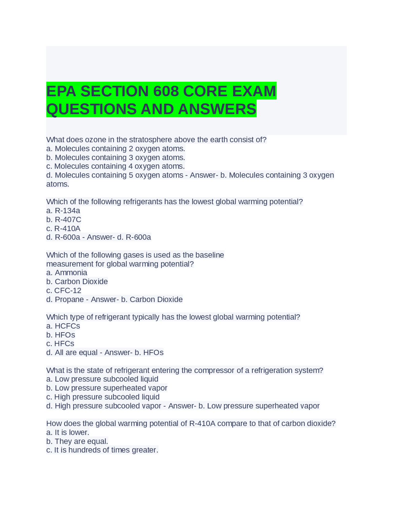 EPA SECTION 608 CORE EXAM QUESTIONS AND ANSWERS | Exams Advanced ...