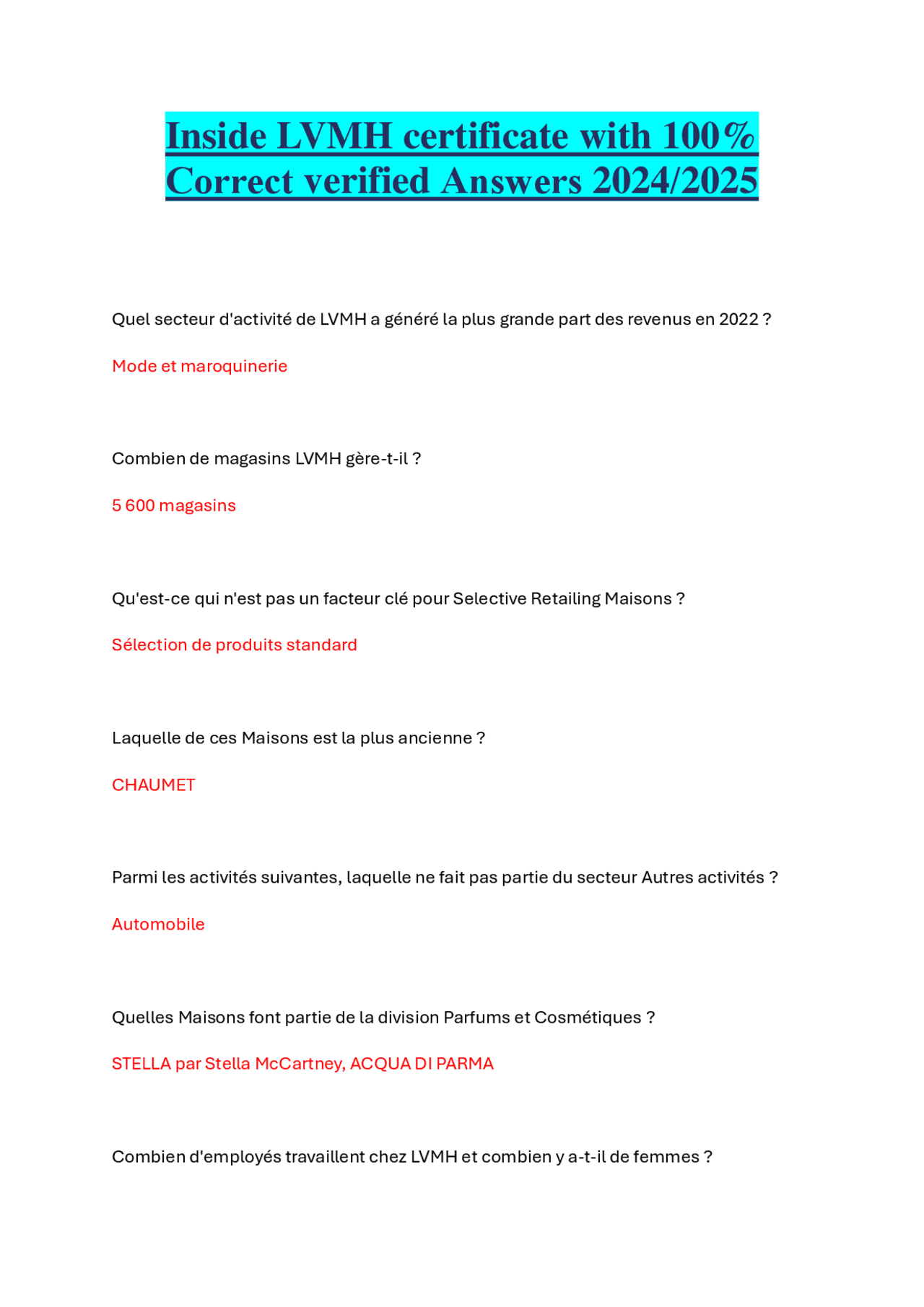 Inside LVMH certificate with 100% Correct verified Answers 2024/2025 | Exams Business ...