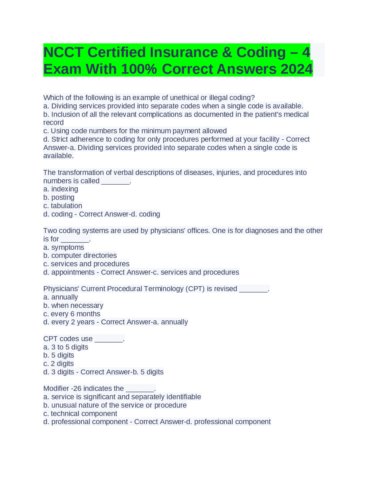 Medical Coding and Billing Practices | Exams Advanced Education | Docsity
