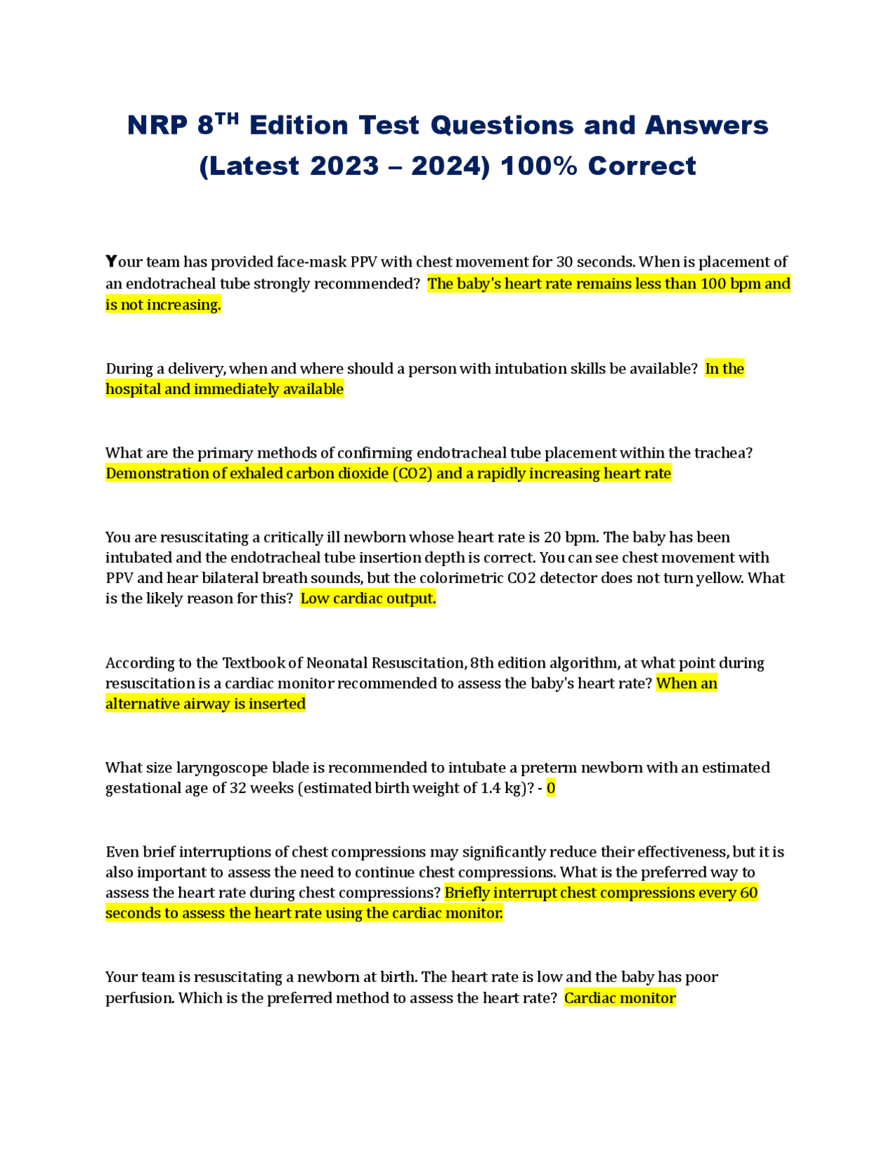NRP 8th Edition Test Questions and Answers | Exams Nursing | Docsity