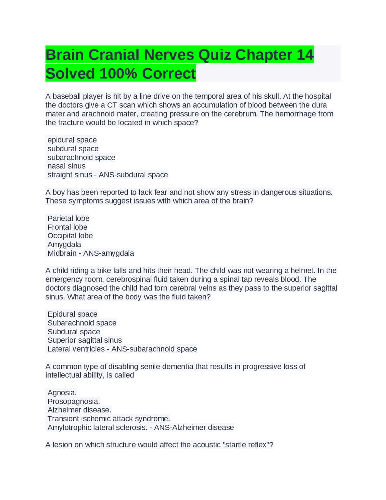 Brain Cranial Nerves Quiz Chapter 14 Solved 100% Correct | Exams ...