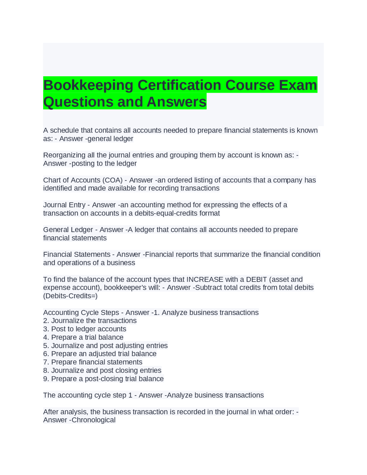 Bookkeeping Certification Course Exam Questions and Answers | Exams ...