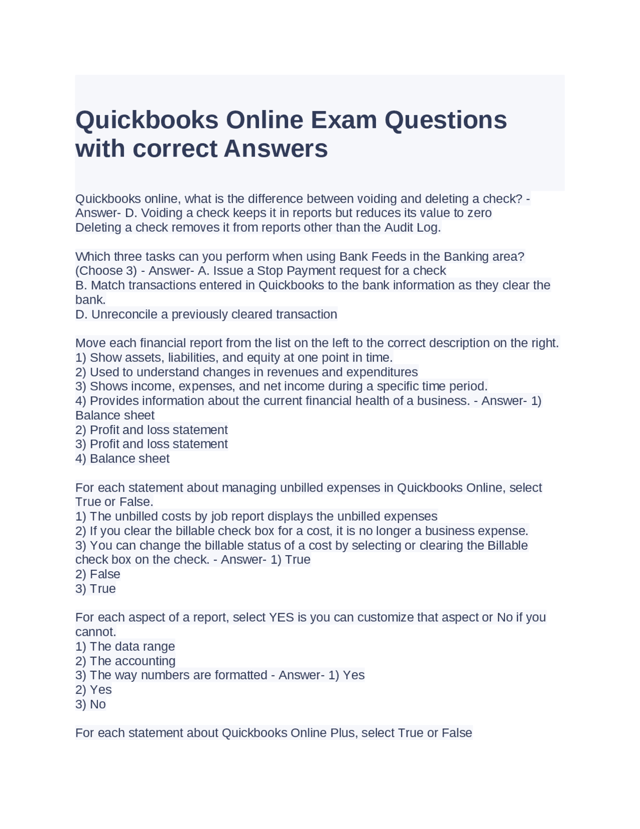 QuickBooks Online Exam Questions and Answers | Exams Advanced Education ...