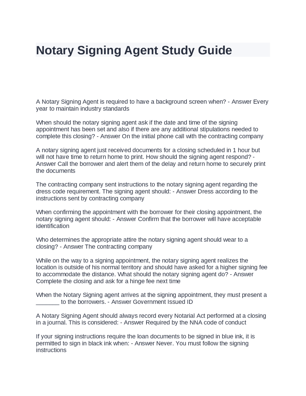 Notary Signing Agent Exam Study Guide Questions and Answers | Exams Law ...