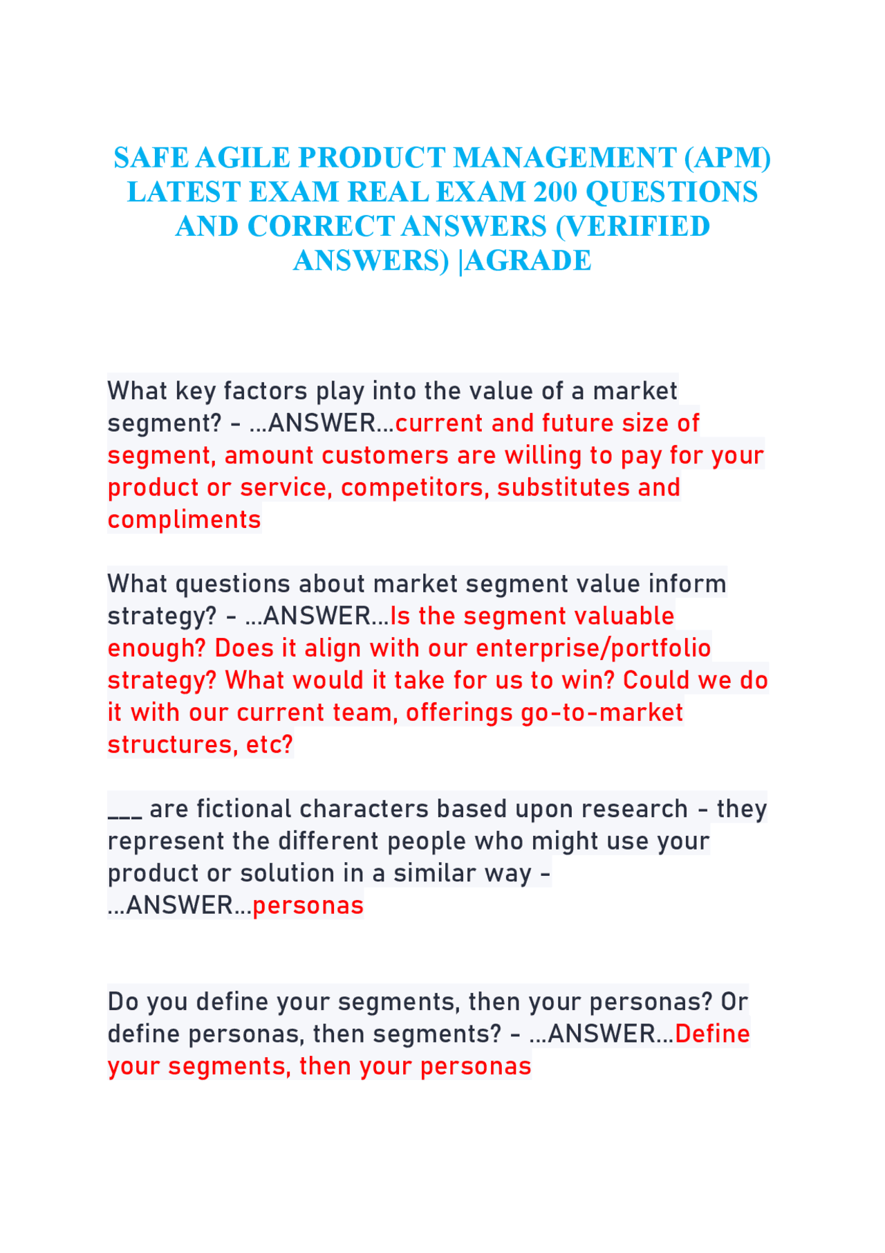 Safe Agile Product Management Apm Latest Exam Real Exam 200 Questions And Correct Answer