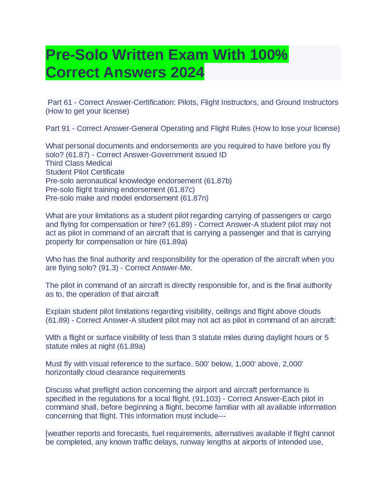 Pre-Solo Written Exam Answers (Part 61 & 91) 2024 | Exams Advanced ...