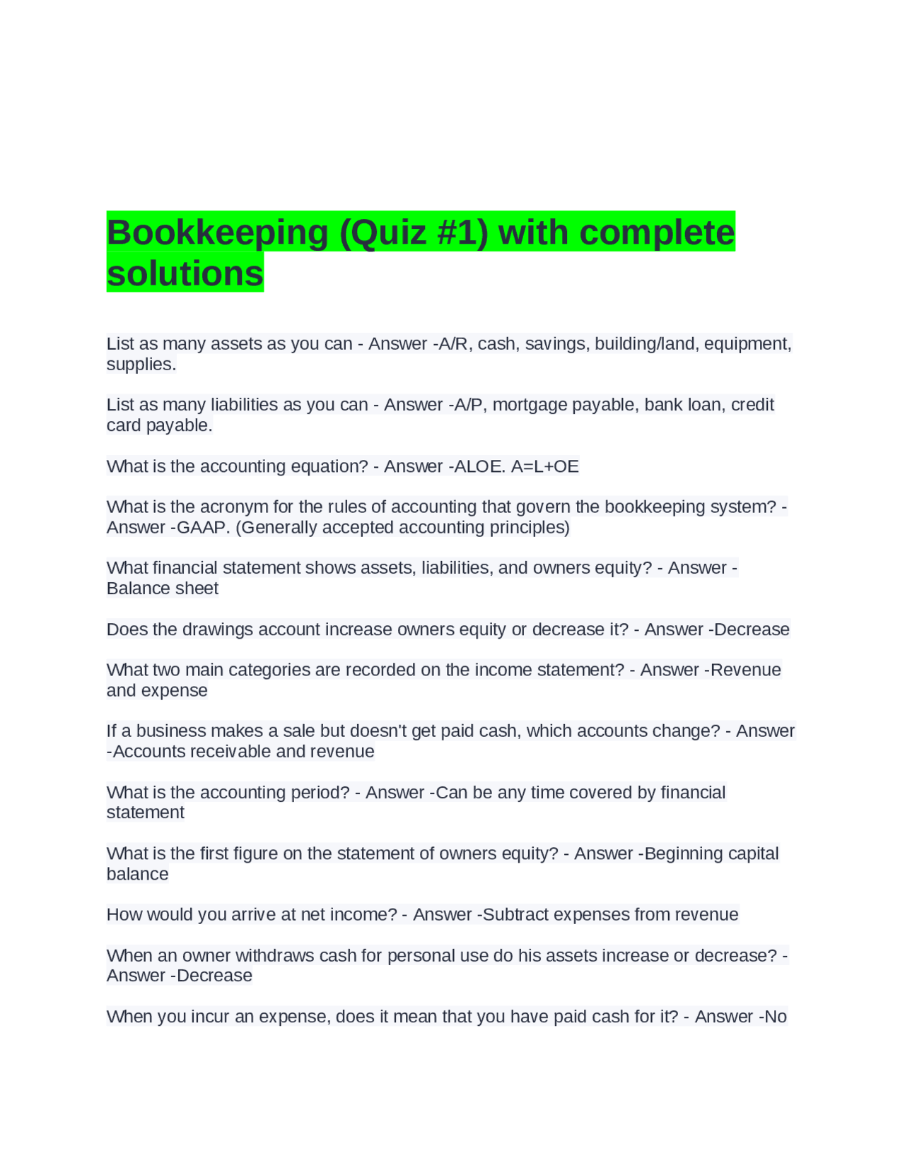 Bookkeeping Quiz with Solutions | Exams Advanced Education | Docsity