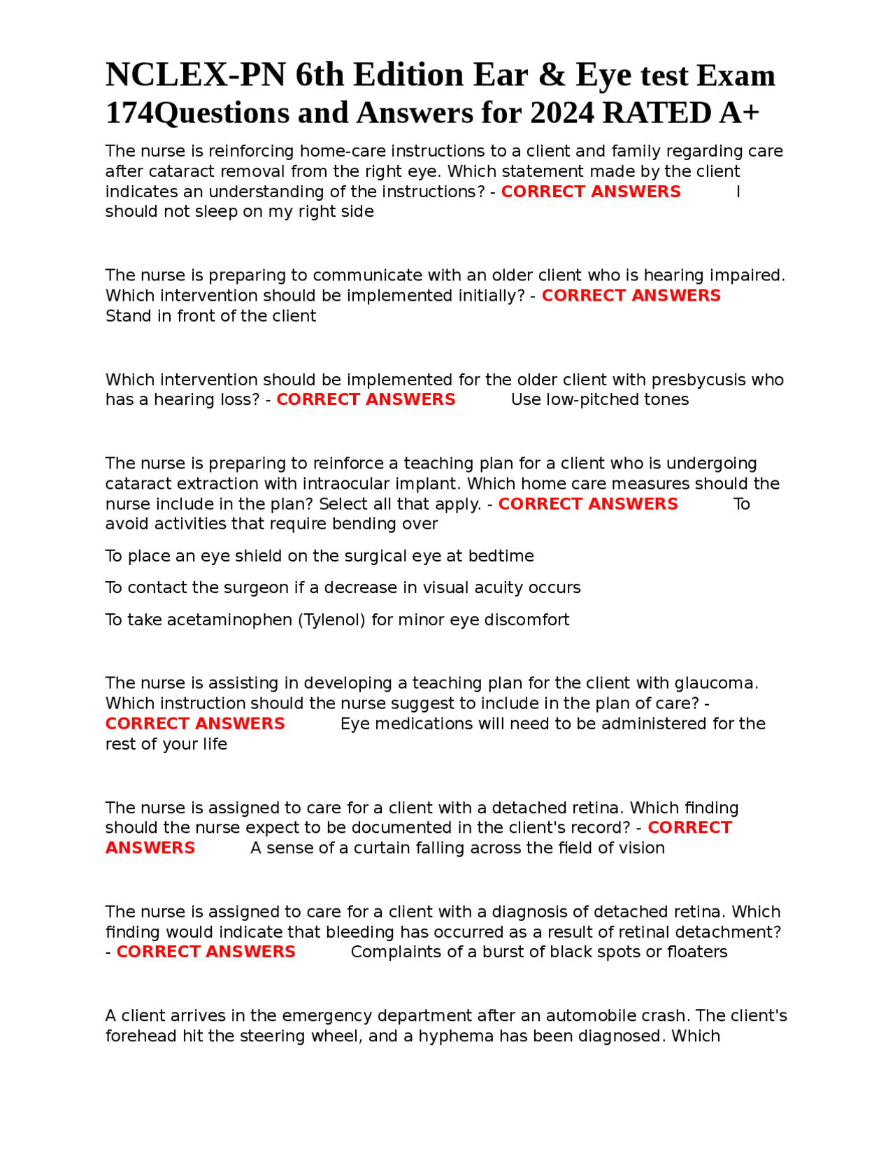 NCLEX-PN 6th Edition Ear & Eye Test Exam | Exams Nursing | Docsity