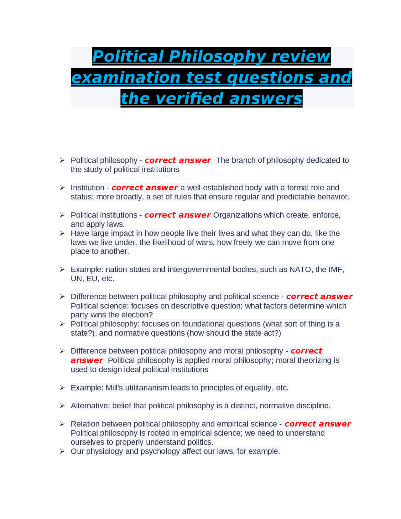 Political Philosophy review examination test questions and the verified ...