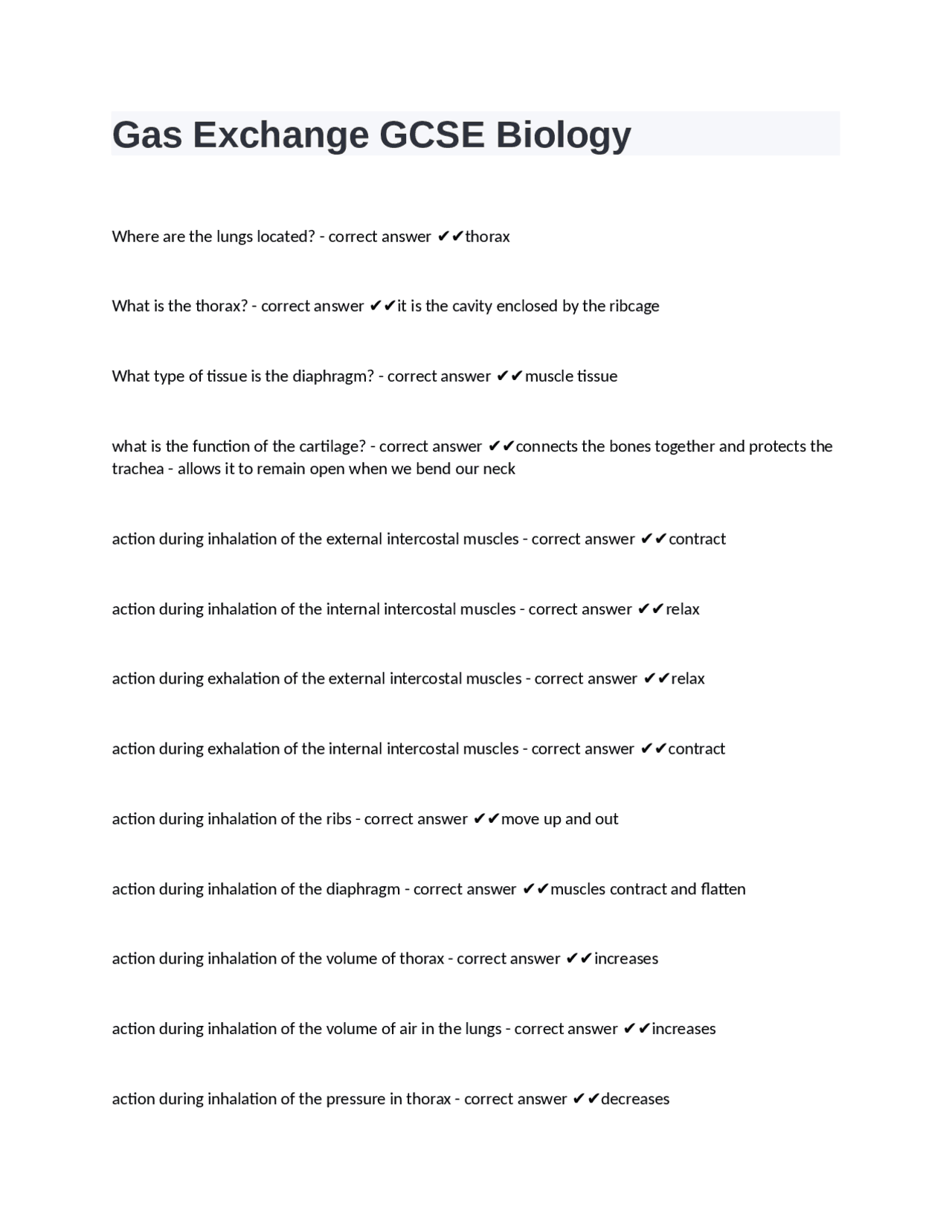 Gas Exchange GCSE Biology questions well answered | Exams Nursing | Docsity