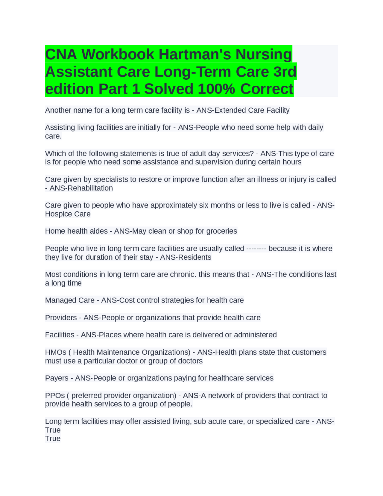 CNA Workbook Hartman's Nursing Assistant Care Long- | Exams Nursing ...