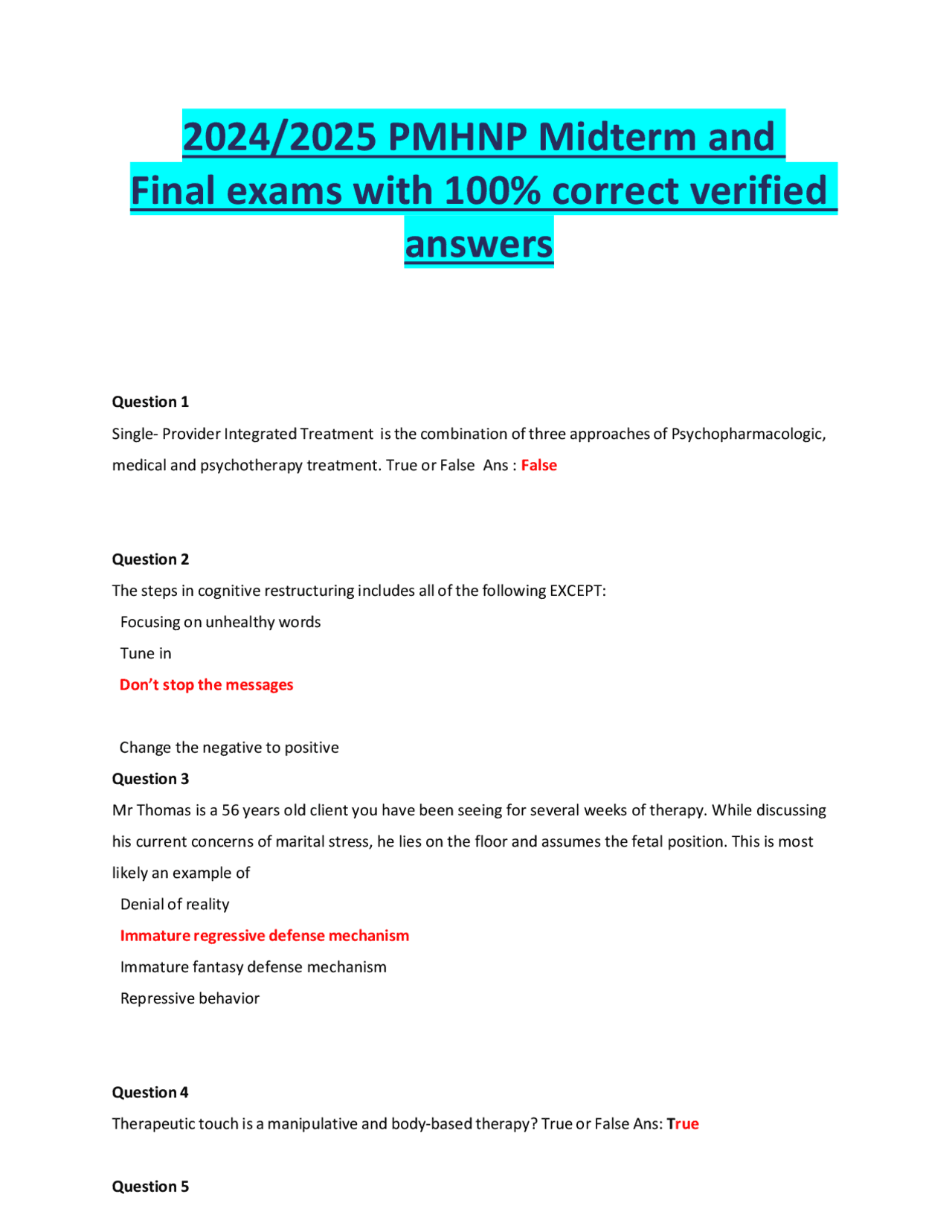 PMHNP Midterm and Final Exams | Exams Nursing | Docsity