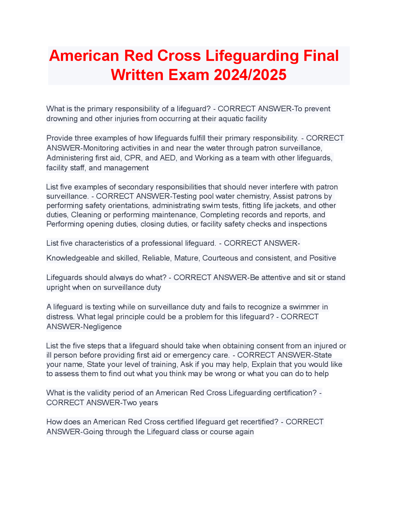 American Red Cross Lifeguarding Final Written Exam 2024-2025 | Exams ...