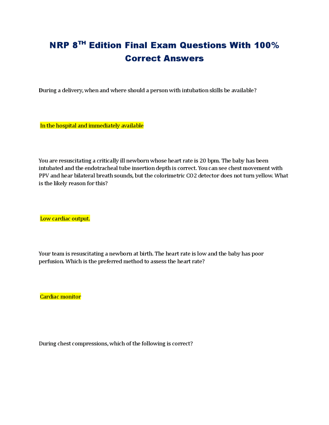 NRP 8TH Edition Final Exam Questions With 100% Correct Answers | Exams Nursing | Docsity