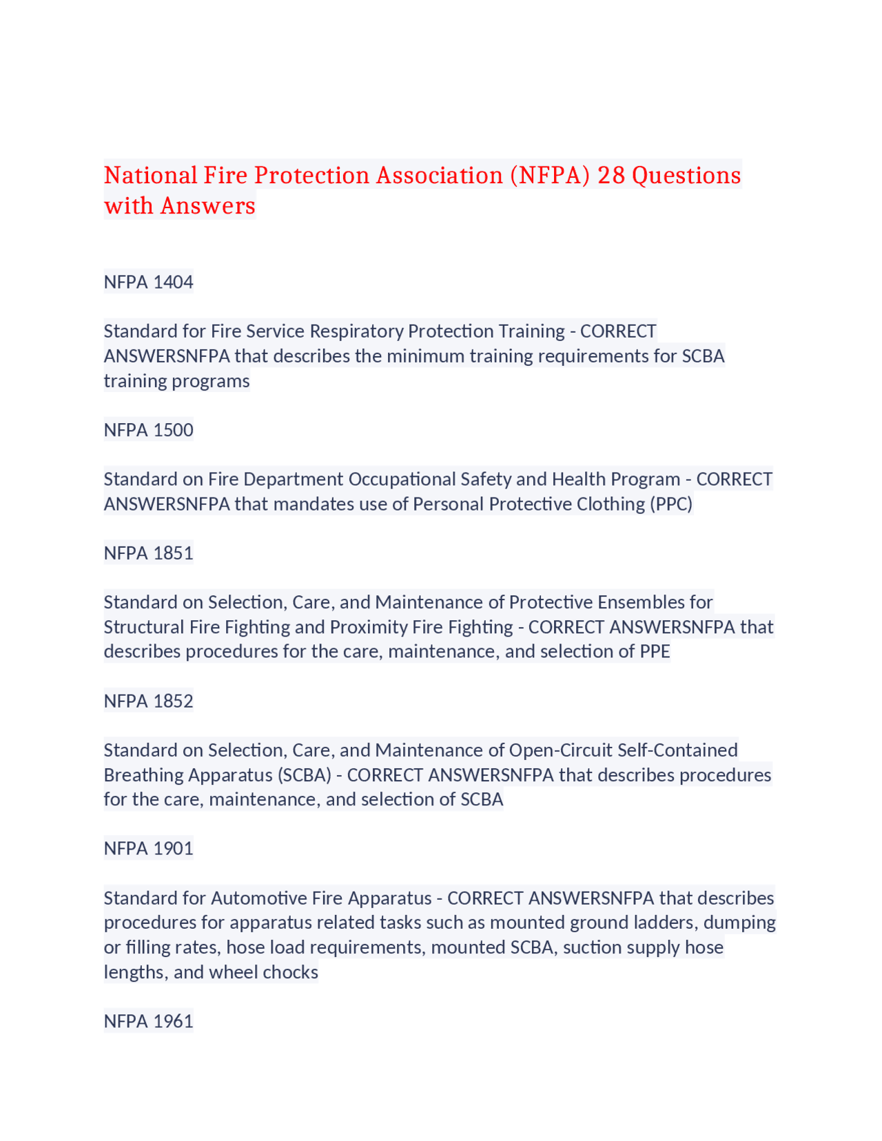 National Fire Protection Association (NFPA) 28 Questions with Answers,100% CORRECT | Exams ...