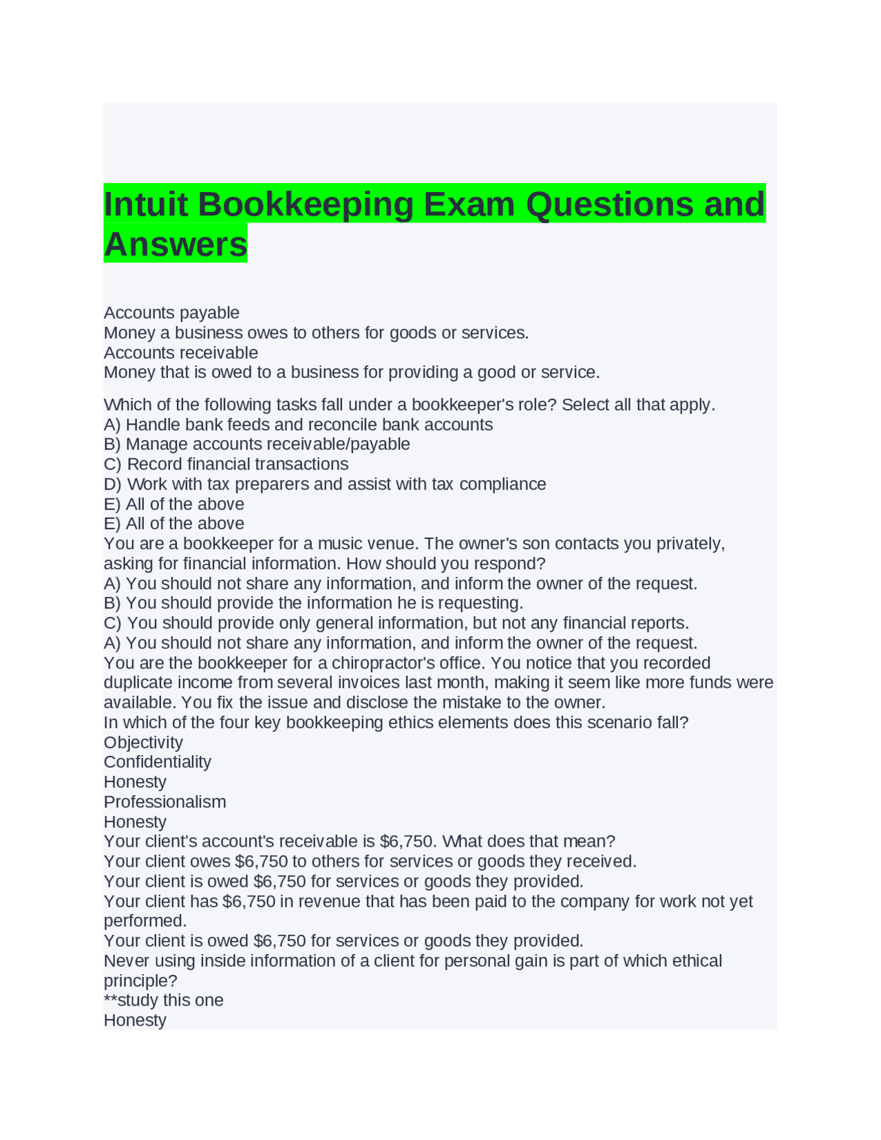 Intuit Bookkeeping Exam Questions and Answers | Exams Advanced ...