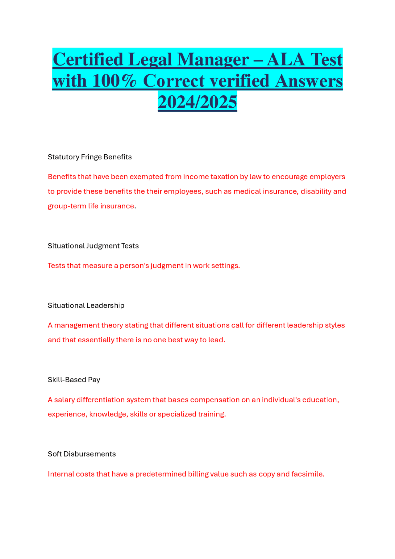 Certified Legal Manager – ALA Test with 100% Correct verified Answers ...