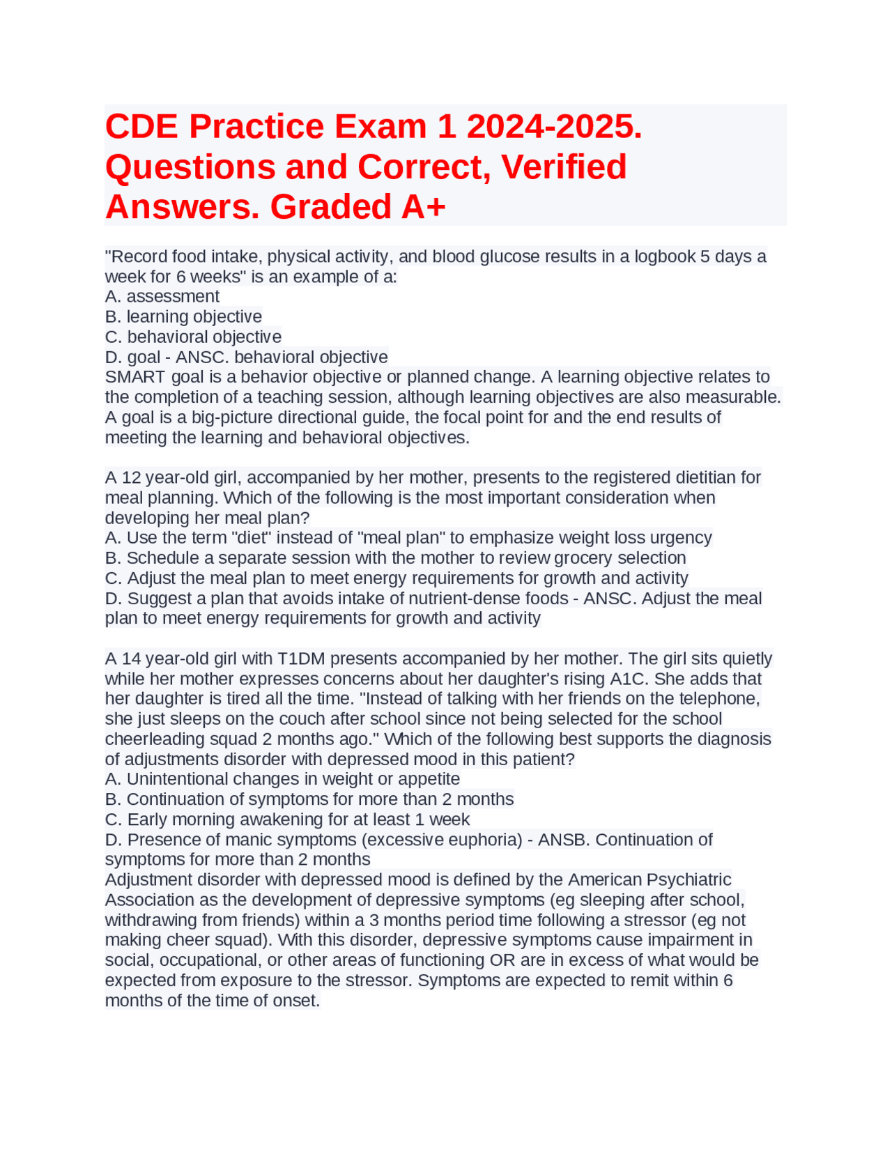 CDE Practice Exam 1 2024-2025. Questions and Correct, Verified Answers ...