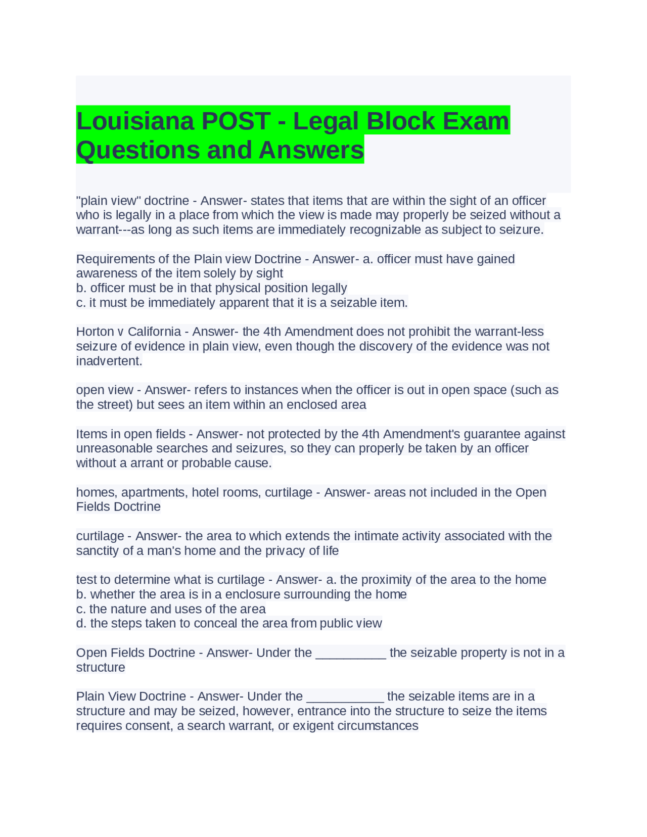 Louisiana POST - Legal Block Exam Questions and Answers | Exams ...