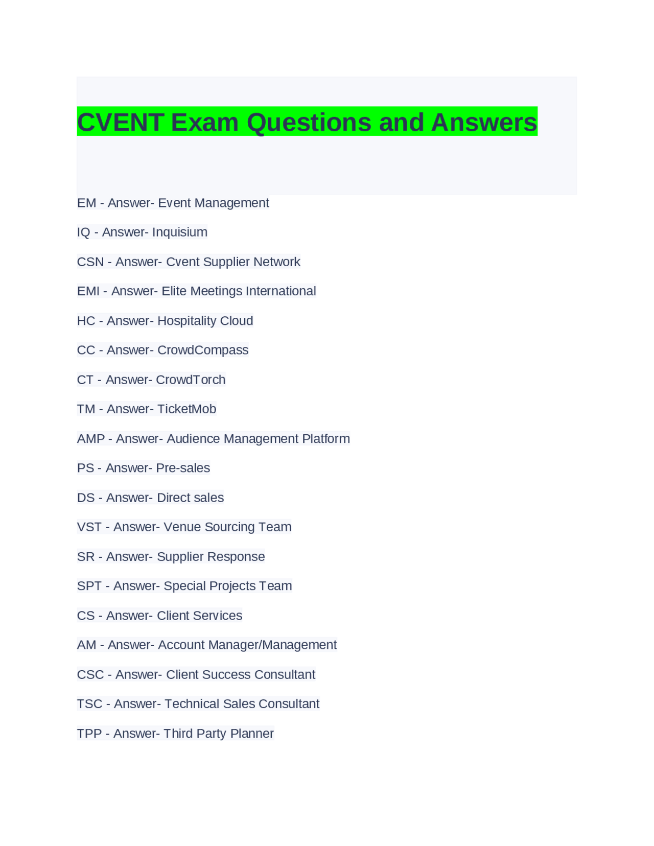 CVENT Exam Questions and Answers | Exams Advanced Education | Docsity