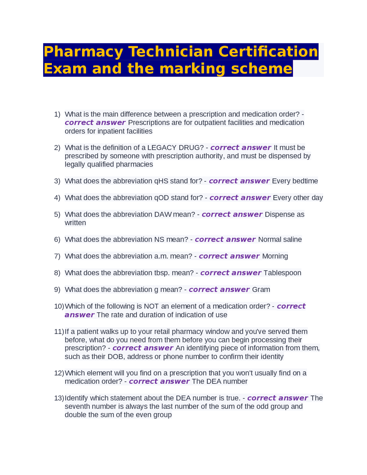 Pharmacy Technician Certification Exam and the marking scheme | Exams ...