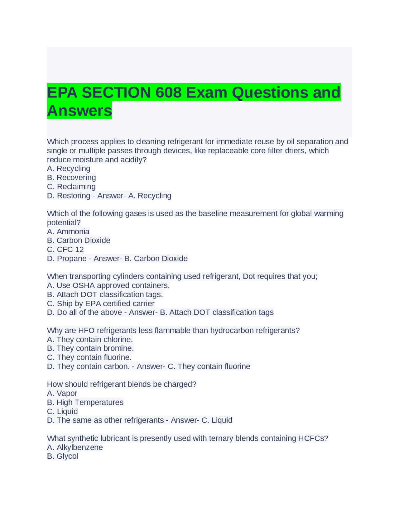 EPA SECTION 608 Exam Questions and Answers | Exams Advanced Education ...