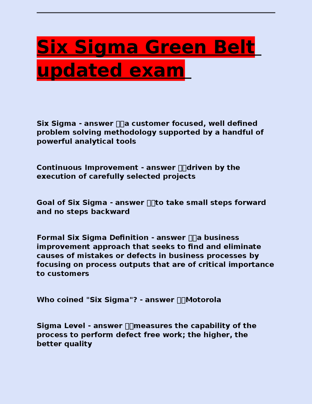 Six Sigma Green Belt updated exam | Exams Nursing | Docsity