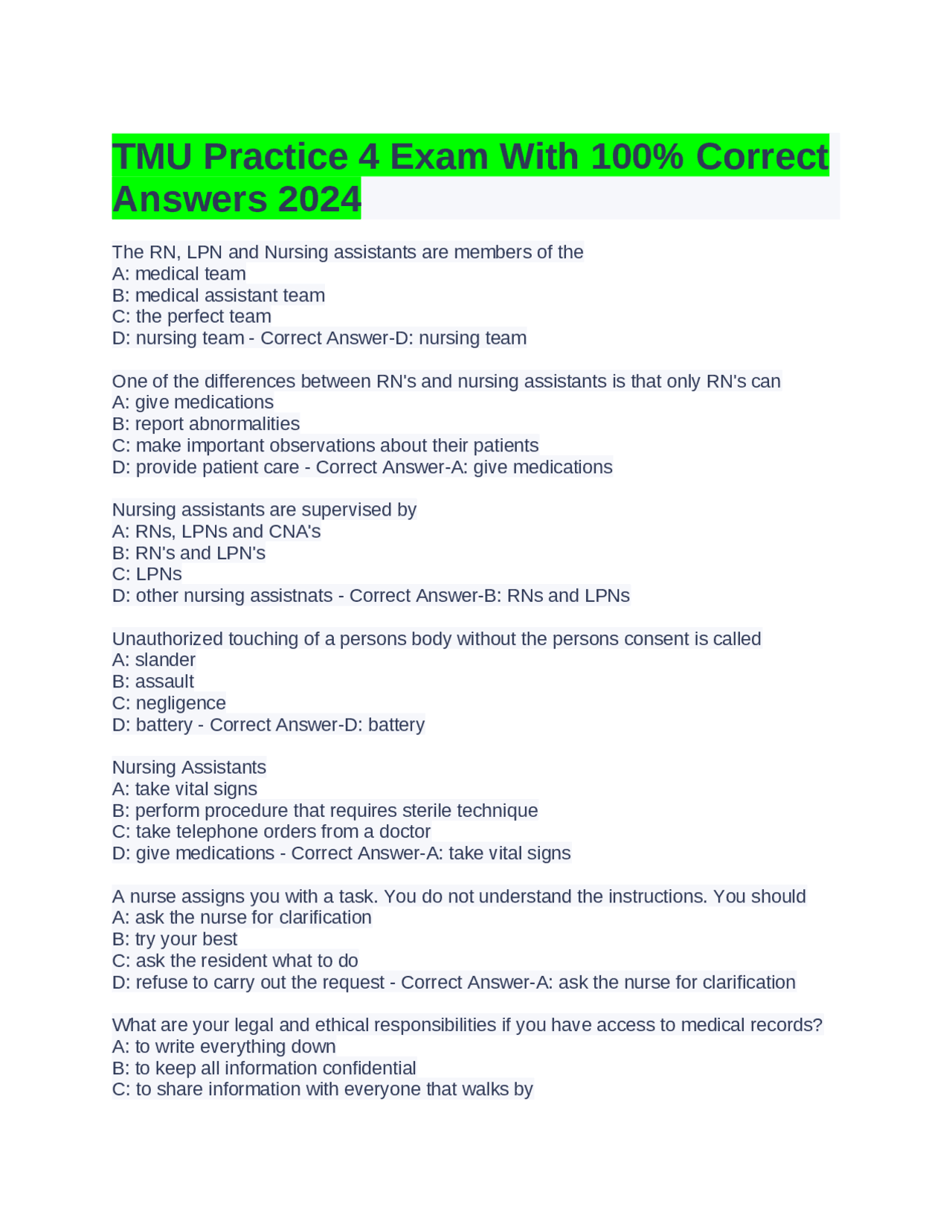 TMU Practice 4 Exam With 100% Correct Answers 2024 | Exams Advanced ...