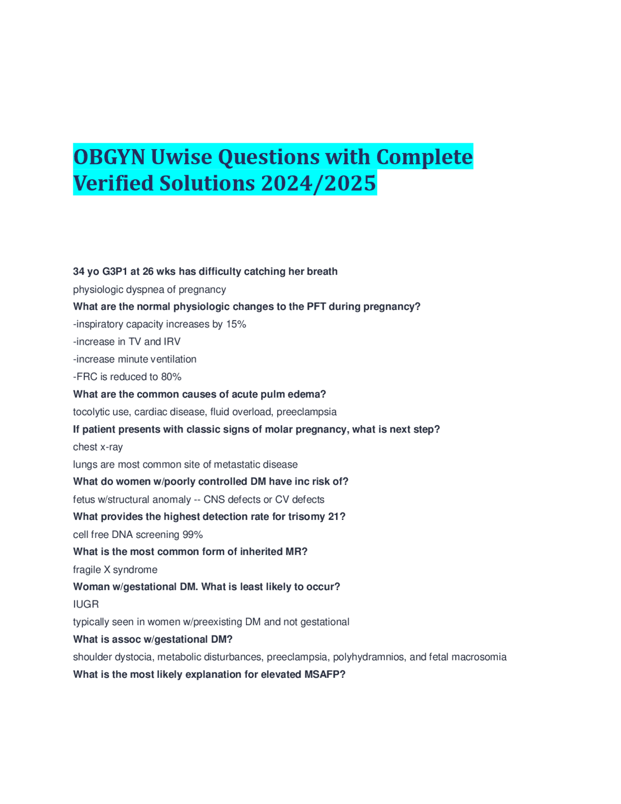 OBGYN Uwise Questions with Complete Verified Solutions 2024/2025 ...
