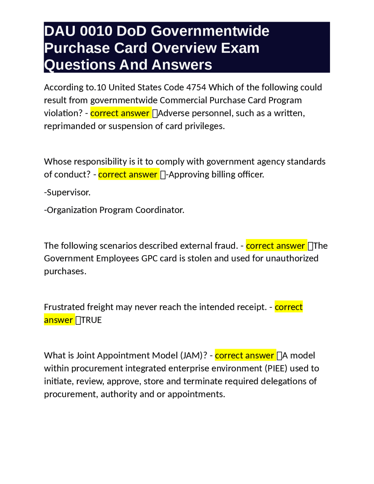 DAU 0010 DoD Governmentwide Purchase Card Overview Exam Questions And ...