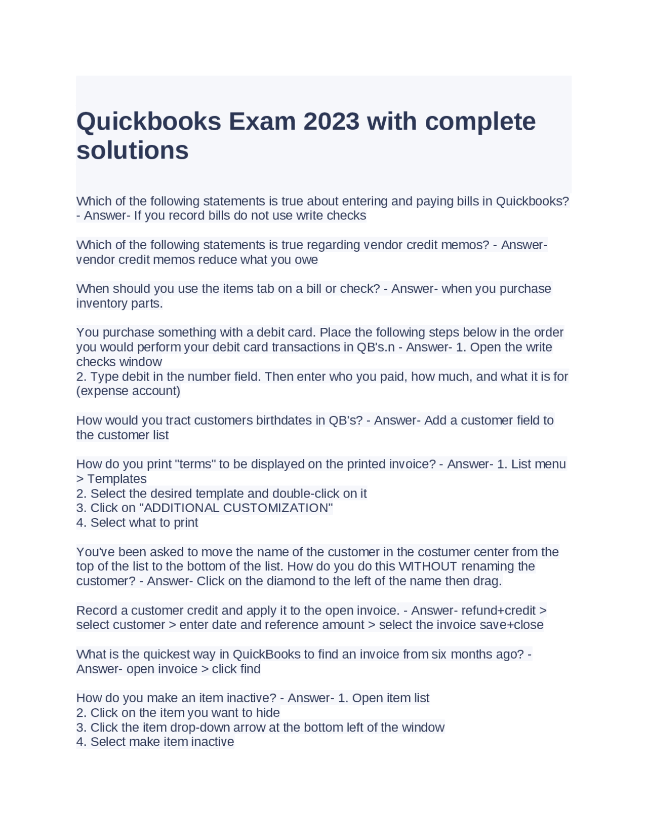 Quickbooks Exam 2023 with complete solutions | Exams Advanced Education ...