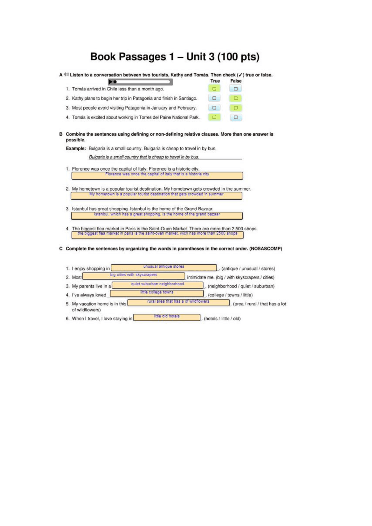 Passages 1 - Unit 3 Quiz | Exámenes de Idioma Inglés | Docsity