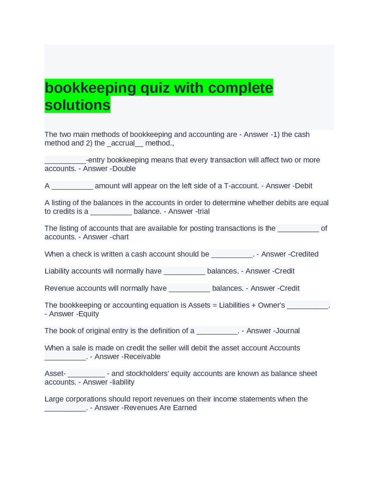 Bookkeeping Quiz with Complete Solutions | Exams Advanced Education ...