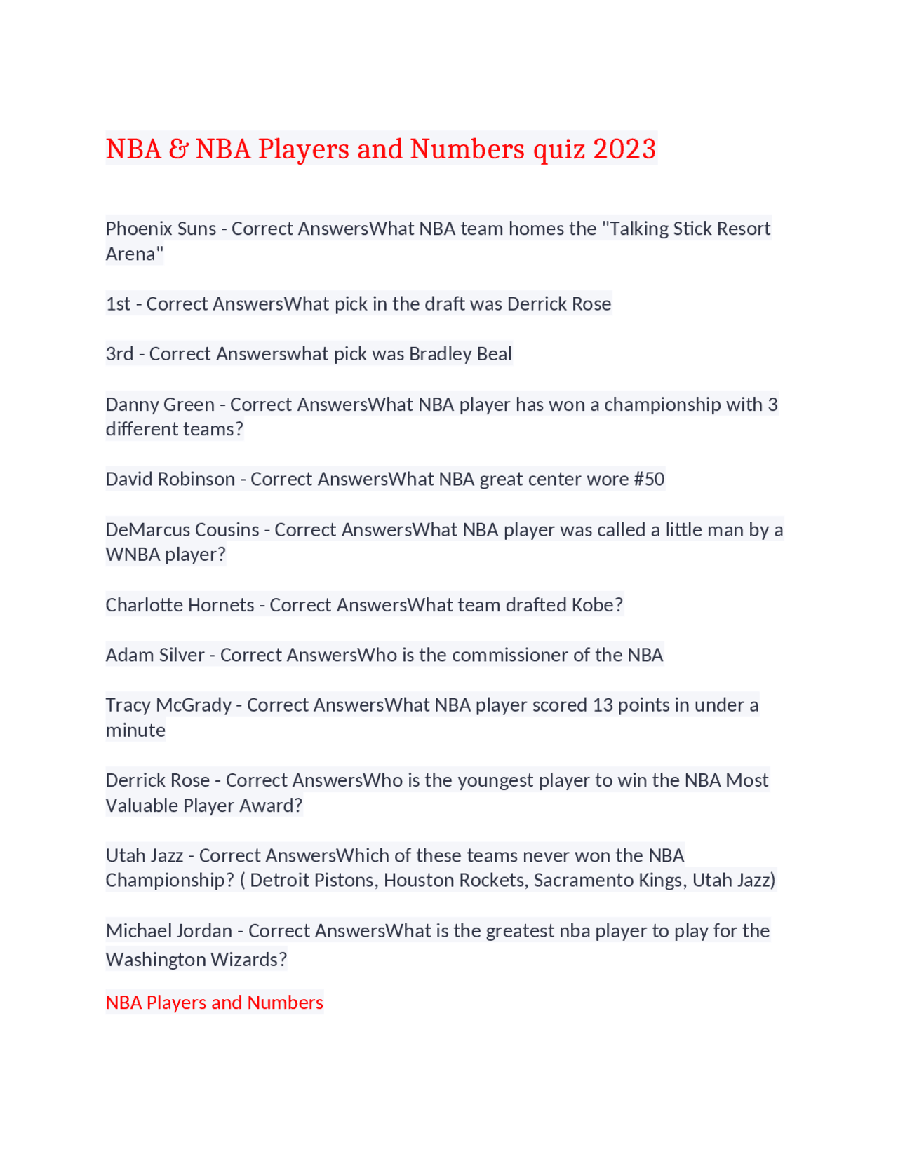 NBA & NBA Players and Numbers Quiz 2023 | Exams Business Fundamentals ...