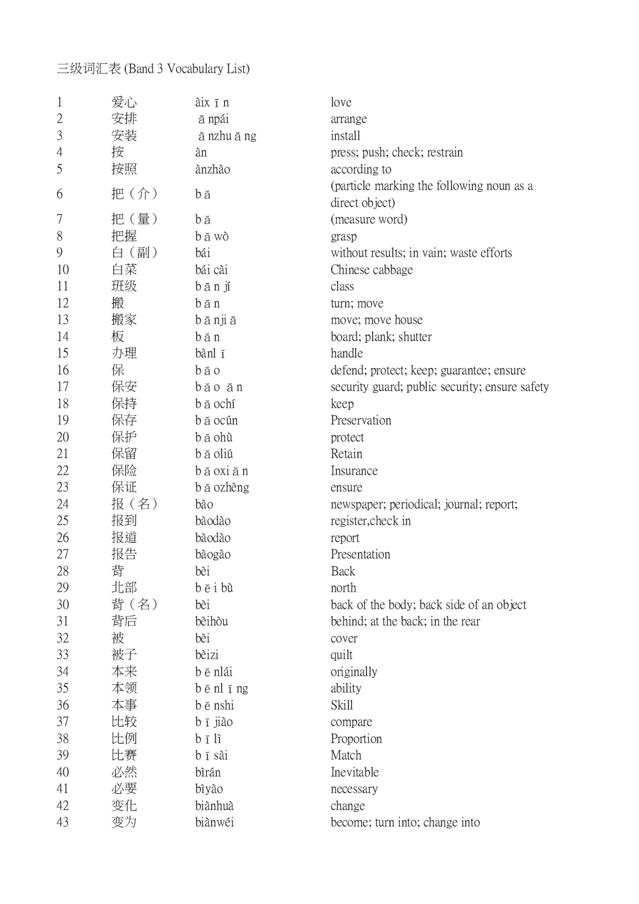 Band 3 Vocabulary List | Exams Chinese | Docsity