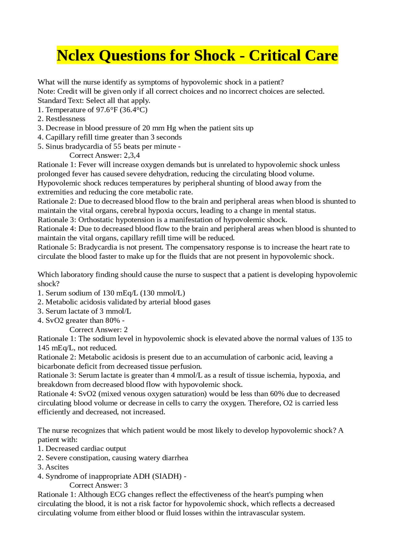 Nclex Questions for Shock - Critical Care | Exams Nursing | Docsity