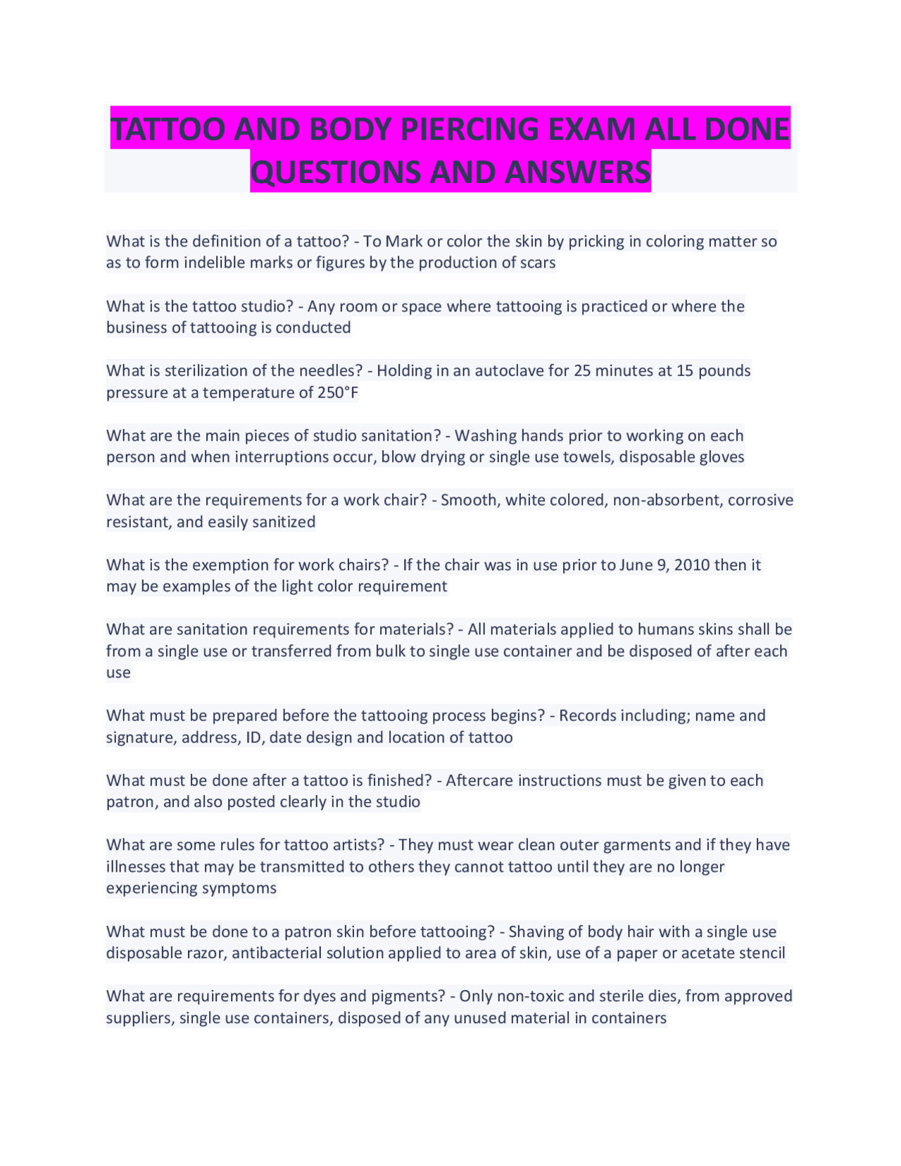 TATTOO AND BODY PIERCING EXAM ALL DONE QUESTIONS AND ANSWERS | Exams ...