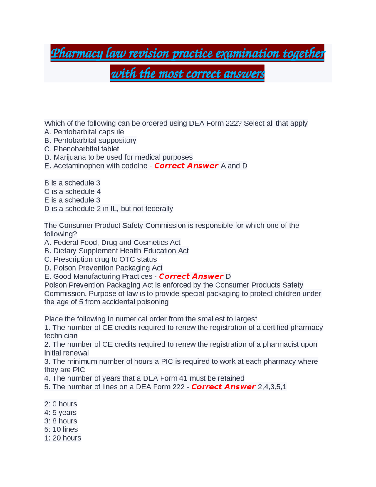 Pharmacy law revision practice examination together with the most ...