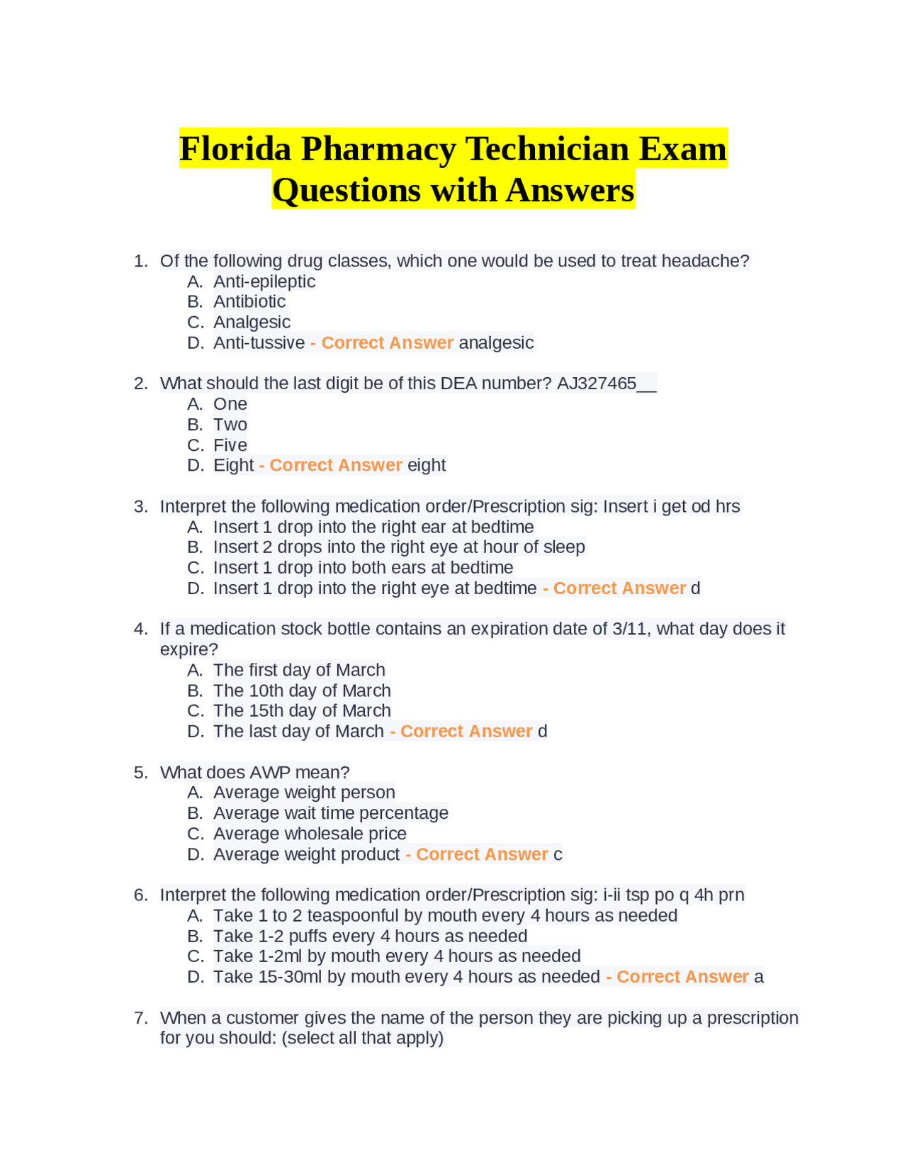 Florida Pharmacy Technician Exam Questions with Answers | Exams Nursing ...