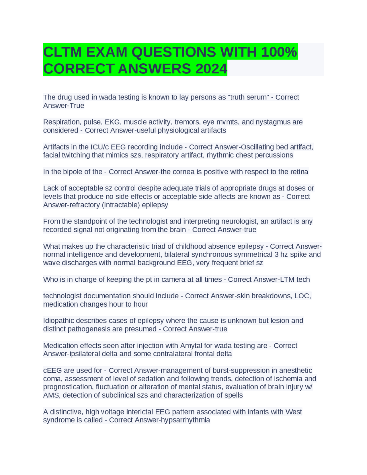 CLTM EXAM QUESTIONS WITH 100% CORRECT ANSWERS 2024 | Exams Advanced Education | Docsity